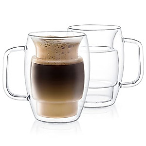 JoyJolt Cadus Glass Coffee Cups Double Wall Insulated Mugs Set of 2 Latte Glasses, 16-Ounces.