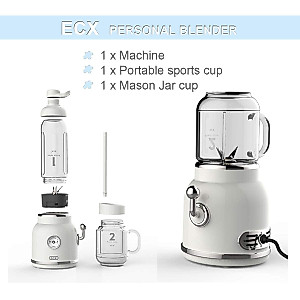 Retro Design Portable Juicer Blender, 6 Powerful Blades, for Shakes and Smoothies,Includes 21oz Portable Cup & 17oz Mason Cup - Ideal for Home, Office, and Travel (White)