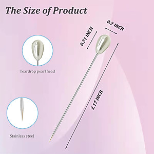 200PCS Corsage Pins, Teardrop Pearl Sewing Pins, Long 2inch Straight Sewing Wedding Bouquet Pins for Wedding, Jewelry, Flower DIY Decoration, Quilting and Craft (200Pcs, White)