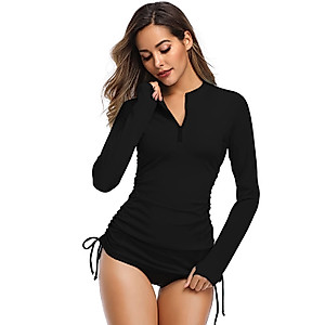 HISKYWIN Women's Long Sleeve UV Sun Protection Rash Guard Side Adjustable Wetsuit Swimsuit Top HF805-Black-M