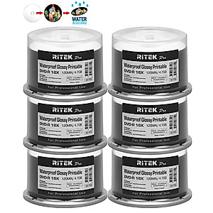 300 Pack Ritek Pro (Professional Grade) DVD-R 16X 4.7GB AZO Dye (MID MXL RG04) Watershield Water Resistant Glossy White Inkjet Hub Printable Blank Recordable Disc