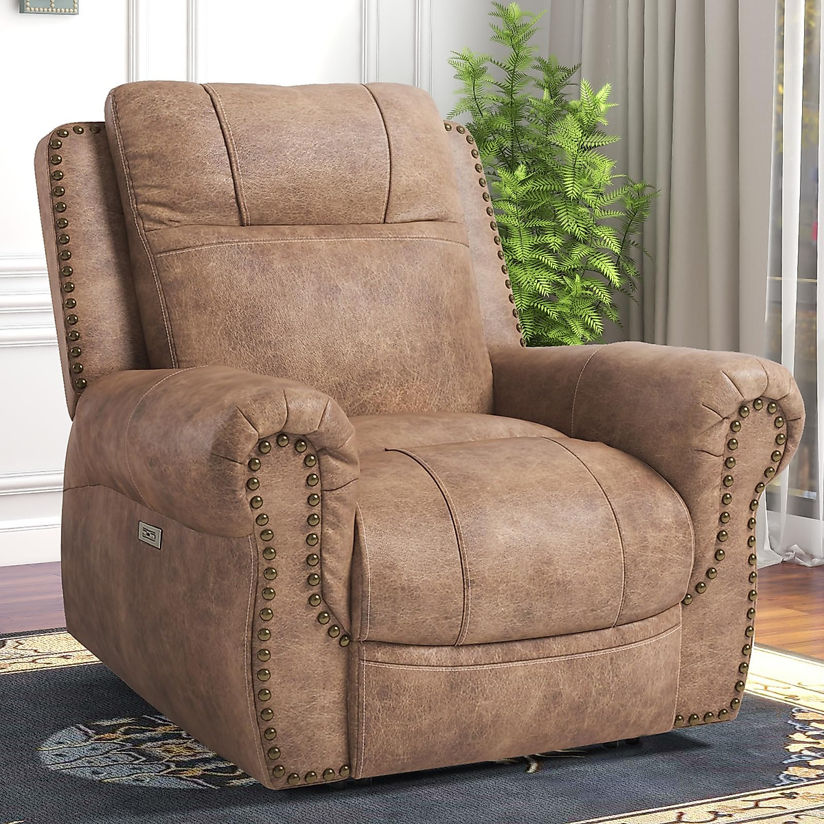 INZOY Electric Power Recliner with Breathable Leather, Classic Electric Reclining Recliner Chair with USB Port, Upholstered Single Sofa Recliner for Living Room Bedroom Home Theater, Brown