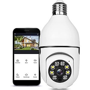 WiFi Light Bulb Camera/1080P Security Camera/2.4GHz WiFi Smart 360°Panoramic Indoor Surveillance Camera with Night Vision Motion Detection Alarm Two-Way-Talk Phone Remote View Outdoor (White-1pcs)