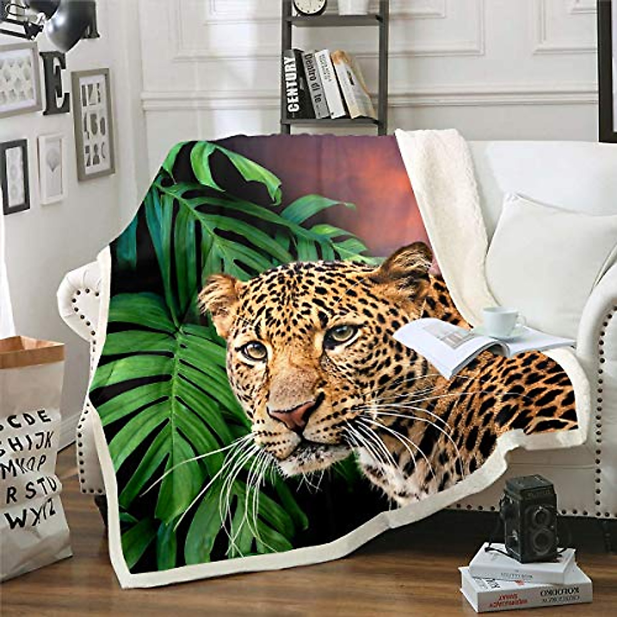 Leopard Plush Blanket Safari Cheetah Print Fuzzy Blanket for Sofa Couch Bed Youth 3D Wild Animal Fleece Throw Blanket Leopard Green Tropical Leaves Sherpa Blanket Nature Room Decor Twin 60"x80"