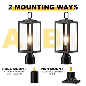 Aoceley Dusk to Dawn Outdoor Post Light with Pier Mount Base, 2-Pack Modern Lamp Post Light Fixtures Waterproof Aluminum Pier Lights Outdoor Column Lights Exterior Post Lantern with Clear Glass Shade