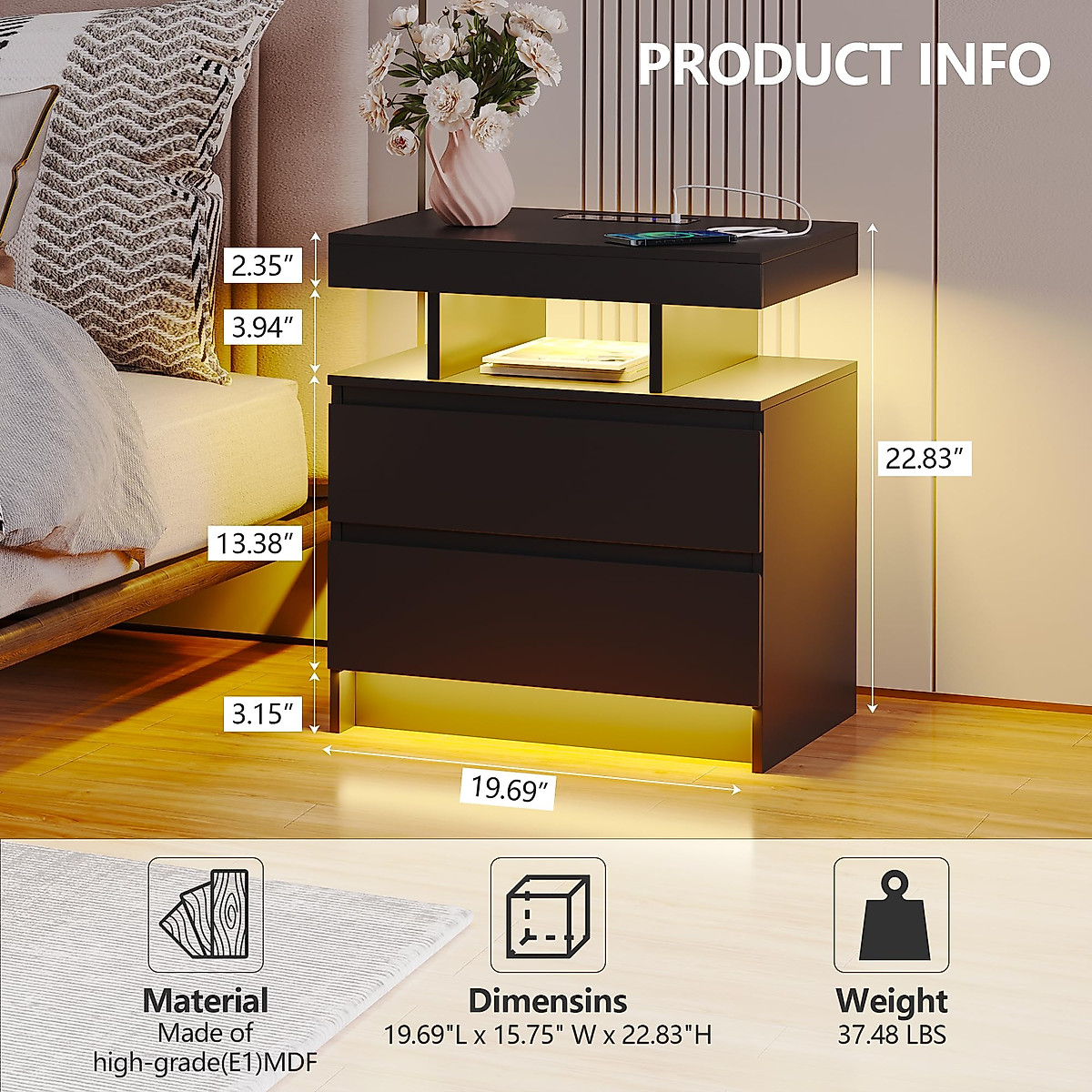 dnbss Nightstand with Wired/Wireless Charging Station, Auto LED Lighting Bedside Tables with Drawers, Night Stand with 3-Color Lights & Adjustable Brightness for Bedroom (Black)