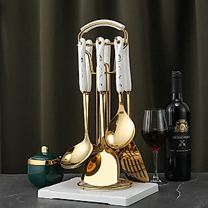 Stainless Steel Kitchen Gold Cooking Utensils set 7pcs (Marble White - Gold)