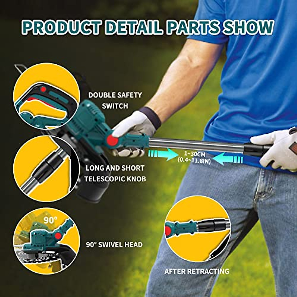 Electric Weed Wacker 2 X 4000mAh Battery Powered Weed Eater, 4-in-1 Cordless Grass Trimmer Brush Cutter Edger Lawn Tool with Shoulder Strap, Lightweight String Trimmer for Garden and Yard