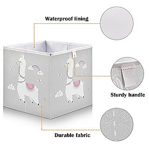 Cute Llama Collapsible Fabric Storage Cube Bins with Handles Square Closet Organizer Waterproof Lining for Clothes Toy Gift Storage 11.02x11.02x11.02 Inches