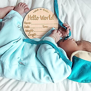 Baby Announcement Sign, 5.9 inch Double Side Wooden Birth Announcement Sign with Ink Pad for Baby Hand and Footprints for Hospital Hello World Newborn Announcements