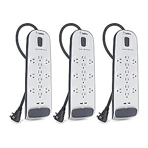 Belkin 12-Outlet USB Power Strip Surge Protector, Flat Plug, 6ft Cord (3,996 Joules), White - Pack of 3