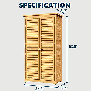 Mingyall Outdoor Wooden Storage Cabinet, Patio Storage Shed with 3 Removable Shelves, Waterproof Roof and Locker, Outside Vertical Tool Storage Cabinets for Garden, Lawn, Backyard, Yellow