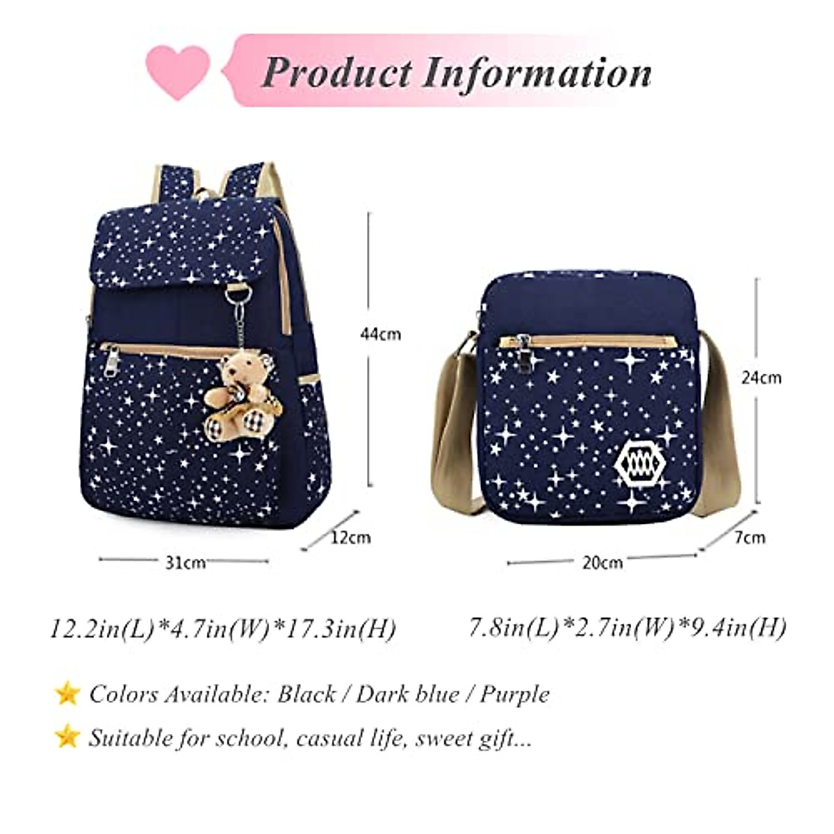 Star Print Girls Canvas Backpacks Set for School, School Bags Bookbags for Teenage Girls, with Crossbody Bag, 3 Pieces
