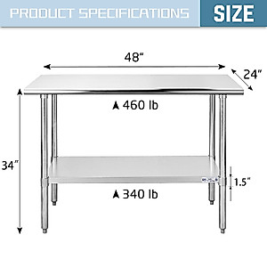 HALLY Stainless Steel Table for Prep & Work 24 x 48 Inches, NSF Commercial Heavy Duty Table with Undershelf and Galvanized Legs for Restaurant, Home and Hotel