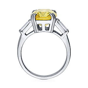 BERRICLE Sterling Silver 3-Stone Canary Yellow Cushion Cut Cubic Zirconia CZ Statement Cocktail Fashion Anniversary Ring for Women, Rhodium Plated Size 6