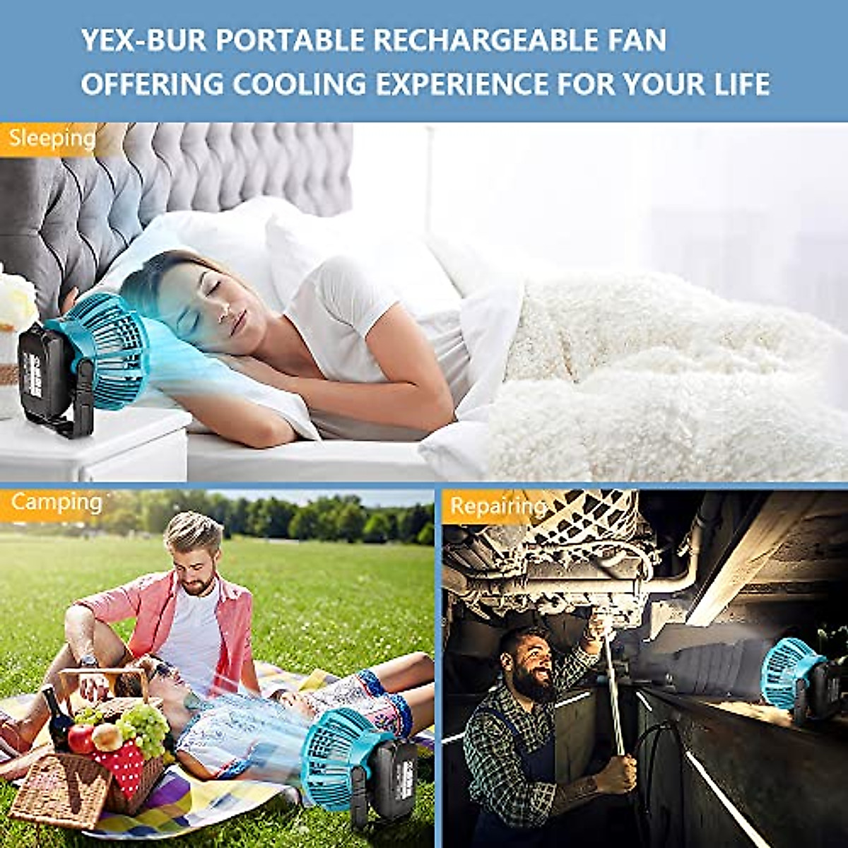 YEX-BUR for Makita Fan, for Makita Fans Portable 18v, Ceiling Tent Fan with Hanging Hook, Remote, 300LM LED Light Cordless Battery Operated Fan for Camping Car Repairing Emergency