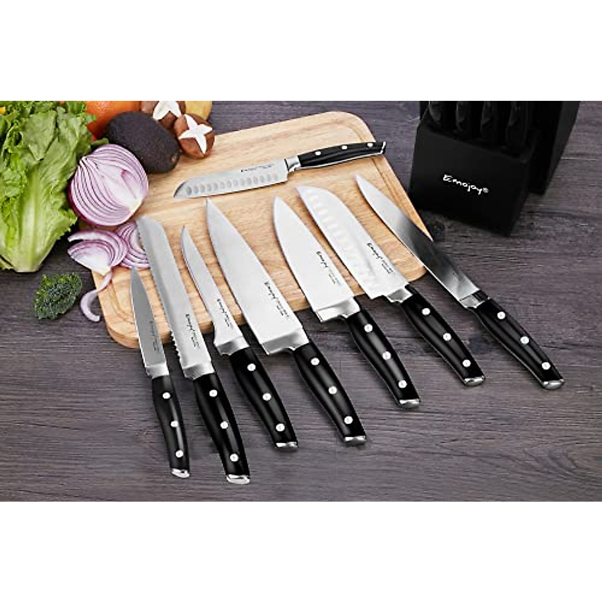 Emojoy 22-Piece Kitchen Knife Set with Block, Include 2-pair Chef Knives, Carving Fork and Sharpener (Dual-Chef Sets)