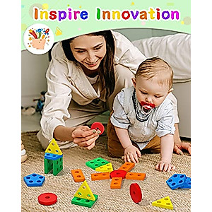 Yetonamr Montessori Toys for 1 2 3 Years Old Boys Girls, Wooden Sorting & Stacking Toys for Toddlers and Kids Baby, Color Recognition Shape Sorter Gift Educational Learning Toy Puzzles Ages 1-3