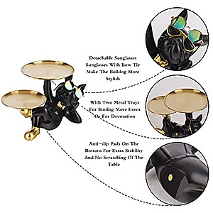 Resin Bulldog Storage Tray Key Candy Jewelry Earrings Tray, 2 Metal Trays Animal Sculpture Table Decoration French Bulldog Figurine Sculptures for Home Decor Living Room Office Fun Ornament (Black)