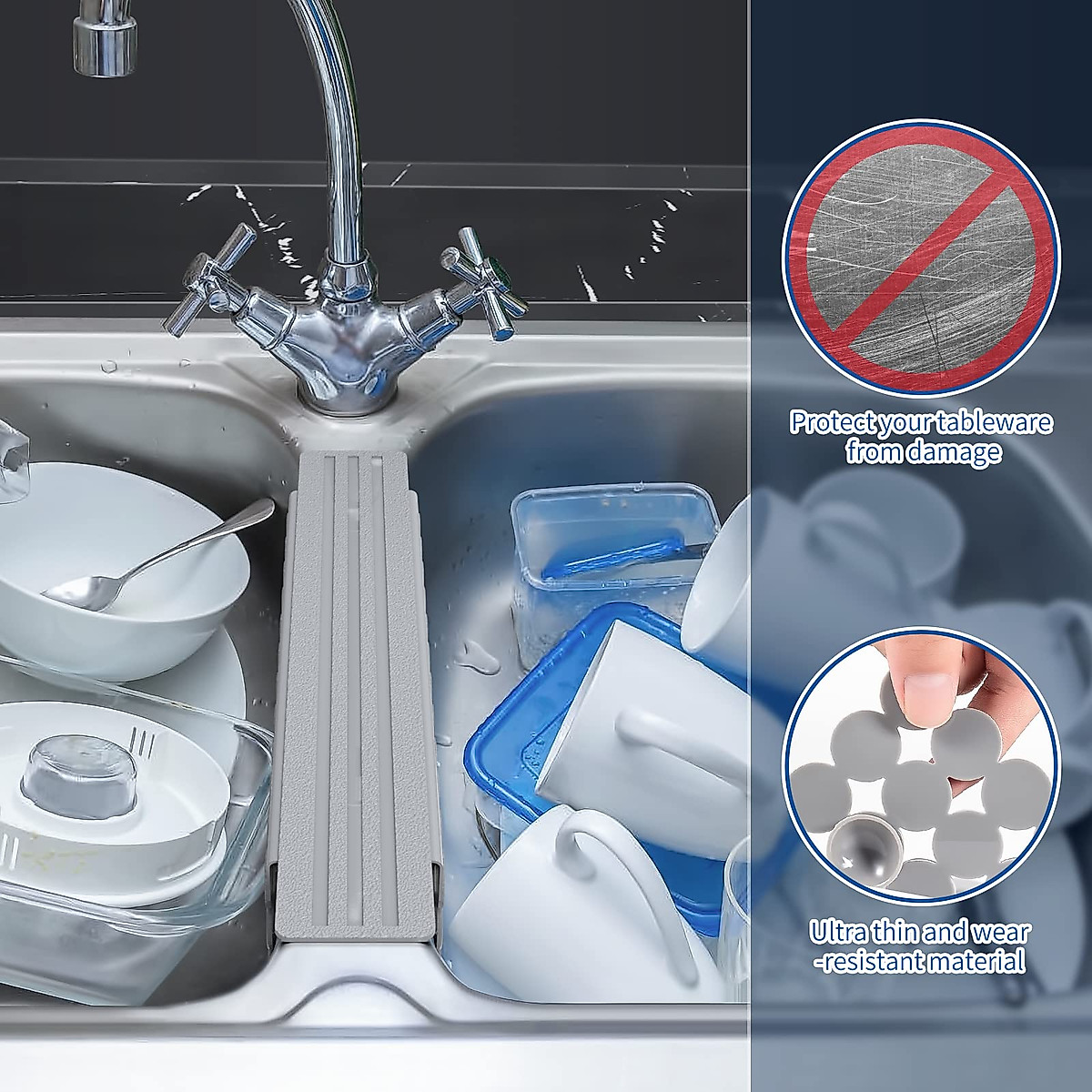 Yolife Kitchen Sink Saddle, PVC Sink Divider Mat with Strong Suction Cups, Durable, Easy to Clean, Odor-free - 9.5" x 12" (Grey)