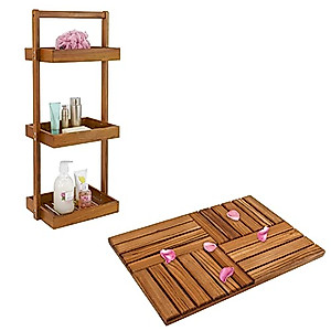 Utoplike Teak Wood Shower Caddy Corner 3 Tier Standing Shower Organizer and 24 x 16 inch Teak Wood Bath Mat