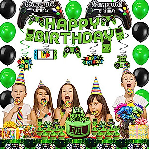 Green Video Game Party Supplies - 201Pcs Gamer Gaming Party Decoration For Boys Birthday Party - Table Cover, Plates, Cups, Napkins, Utensils, Hanging Swirls, Birthday Banner, Cupcake, Topper Cake Topper & Balloons Serves 16 Guests