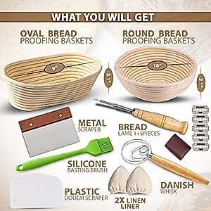 LOYACO 10pcs Banneton Bread Proofing Baskets 10" Round + 9" Oval Sourdough Proofing Basket Set with Dough Bowls, Bread Lame, Whisk, Dough Scrapers & Oil Brush - Bread Making Tools and Supplies Gift