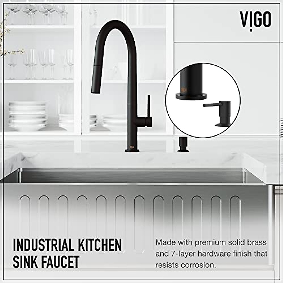 VIGO Greenwich Matte Black Kitchen Faucet with Pull-Down Sprayer | Solid Brass Faucet for Kitchen Sink with Bolton Soap Dispenser | Single-Handle Kitchen Sink Faucet with Swivel Sink Sprayer