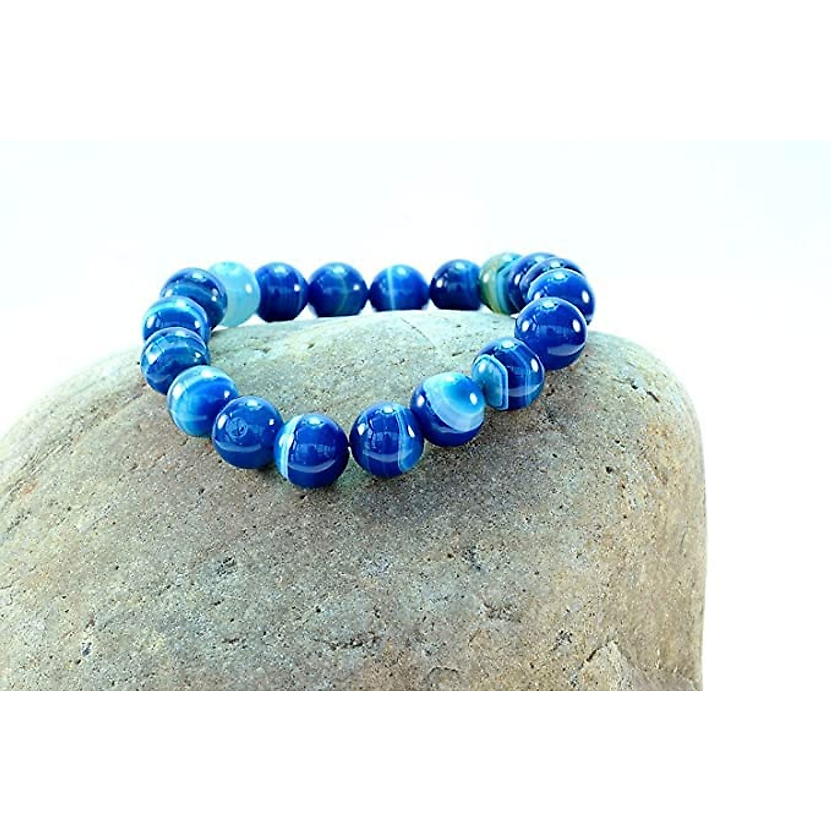 PURPLE WHALE Botswana Agate Stone Bracelet for Women, Men | Round Beads Stretch Adjustable Bracelet for Meditation, Yoga (Blue)