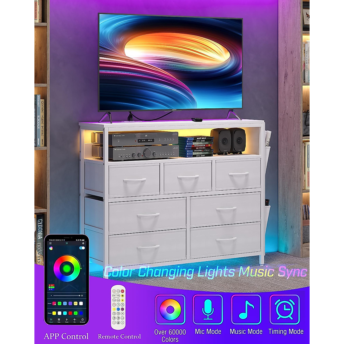 CollaredEagle 7 Drawer Dresser with Charging Station, TV Stand Fabric Storage Tower for Bedroom,Storage Drawers with LED, Wooden Top for TV up to 43 inch, for Bedroom, Living Room, Entryway, White