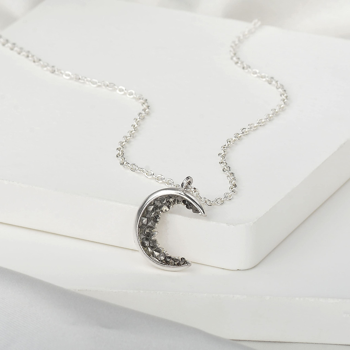 Lauren-Spencer Crescent Moon Necklace for Women Silver Gold Plated Black Crystal Moon Necklaces Dainty Moon Pendant Necklace Charm Moon Jewelry Birthday Gifts for Women Girls, Brass, Cubic Zirconia