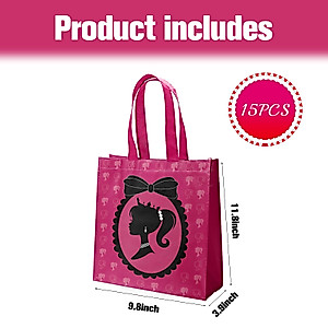 HYOUNINGF Pink Girls Party Supplies, 15PCS Large Doll Party Favor Gift Bags, Reusable Pink Party Goodie Candy Bags with Handle for Girls Birthday