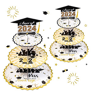 Set of 2 Graduation Cupcake Stand for 50 Cupcakes Black Gold Graduation Cap Decorations Cardboard Cake Dessert Holder Tower for Class of 2024 Congrats Grad Party Supplies