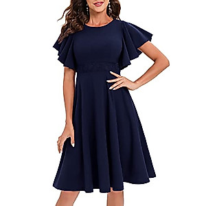 Gardenwed Navy Blue Women's Cocktail Dress Ruffle Short Sleeve A Line Swing Fit and Flare Midi Party Fall Dresses Navy M