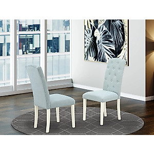 East West Furniture CEP2T15 Celina Parson Chairs - Button Tufted Baby Blue Linen Fabric Upholstered Dining Chairs, Set of 2, Linen White
