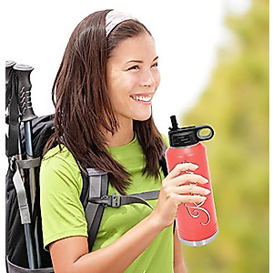 Polar Camel Personalized Water Bottles 32oz with Flip-Top Lid and Straw, Customized Vacuum Insulated Flask, Stainless Steel Sports Double Wall Thermos, Your Logo Name and Text Engraved in USA(Coral)