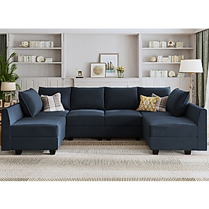 HONBAY Convertible Sectional Sofa Velvet U Shaped Couch with Reversible Chaise Modular Sectional Couch 6 Seater Sofa with Storage Seat, Dark Blue