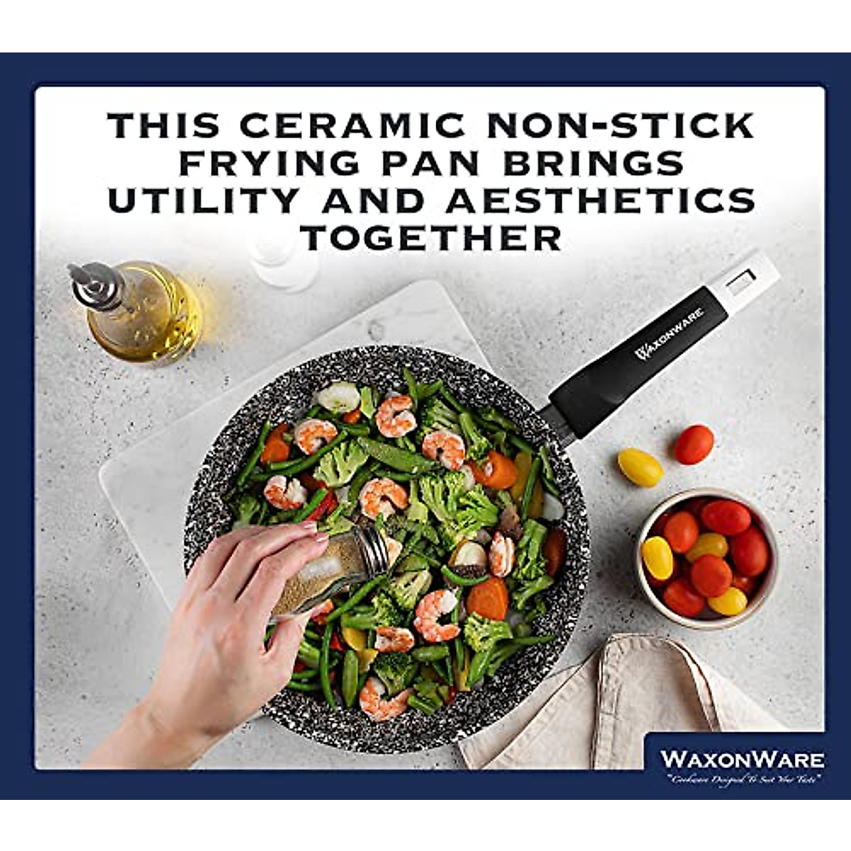 WaxonWare 11 Inch Ceramic Nonstick Frying Pan/Nonstick Skillet, Large Anti-Warp Non-Toxic PTFE PFOA Free Granite Nonstick Pan, Induction Cooking Compatible, Non-Stick Egg Frying Pan- STONETEC Series