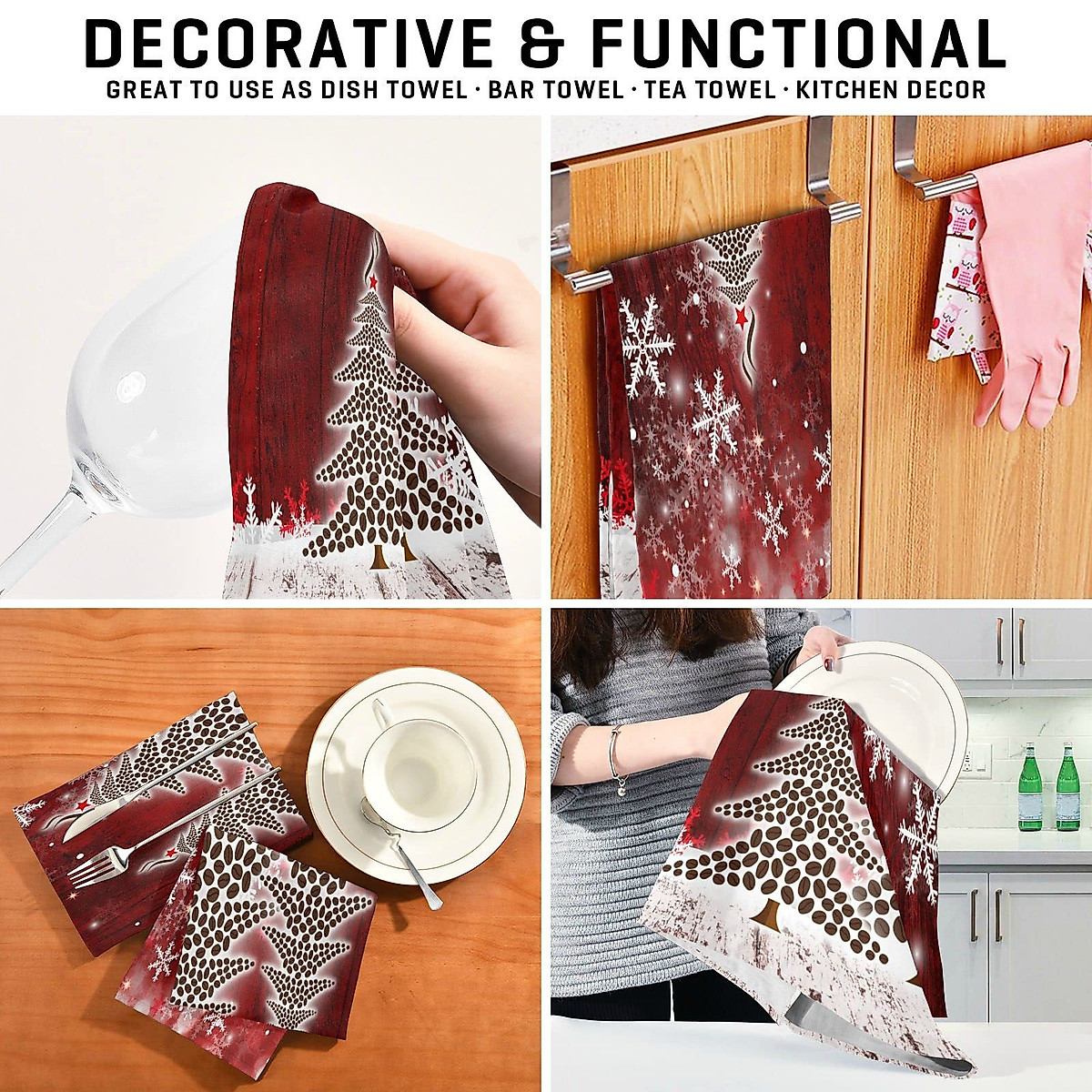 Exnundod Kitchen Dish Towels Christmas Tree Set of 4,Kitchen Towels Snowflake Hanging Dish Cloth Reusable Cleaning Dishcloth Drying Wiping Decorative 18x28inch