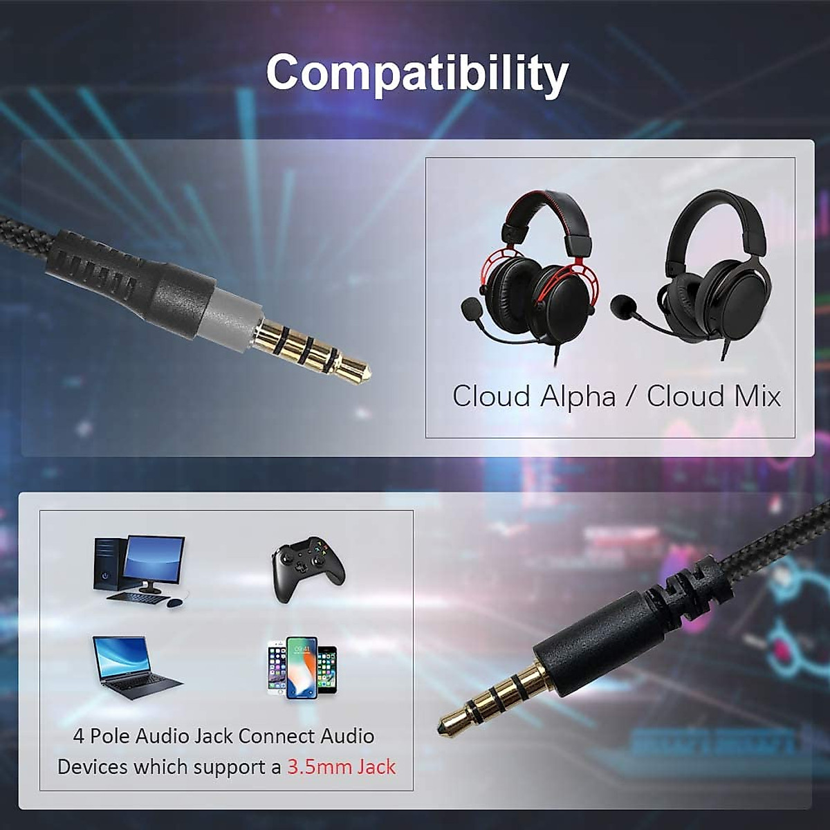 QJYTH Replacement Cable Cord Compatible with Kingston Hyperx Cloud Alpha and Cloud Mix Gaming Headset, Headset Audio 3.5mm Cable with Inline Mute & Volume Control (No Inline Mic, Black)