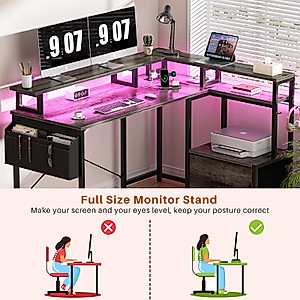 Homieasy Computer Desk with File Drawer Cabinet, L Shaped Office Desk with Printer Stand & Full Monitor Stand, 48 Inch Gaming Desk with Power Outlets Led Light Storage Bag Hanging Hooks, Black Oak