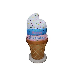 BZB Goods 4 Foot Tall Inflatable Happy Birthday Tricolor Ice Cream Cone Pre-Lit LED Lights Outdoor Indoor Decor Holiday Blow Up Giant Lawn Home Garden Party Favor Yard Decoration