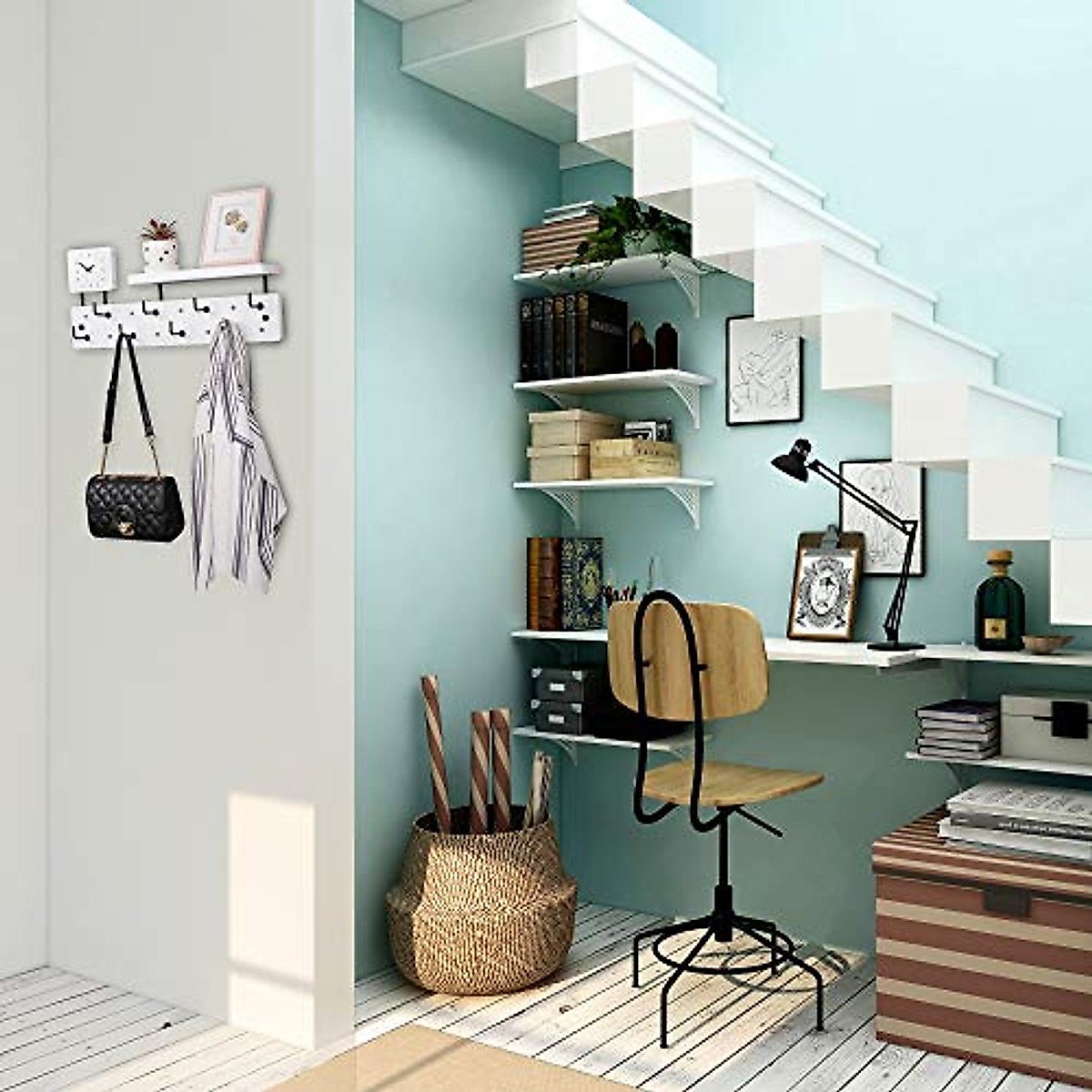 Entryway Coat Hooks with Shelf and Clock, Wall-Mounted Hanging Rack, Hallway/Living Room/Bedroom Organize and Decor Display Hook Rack. Bamboo Wood Body with 8 Metal Hooks, White Colour