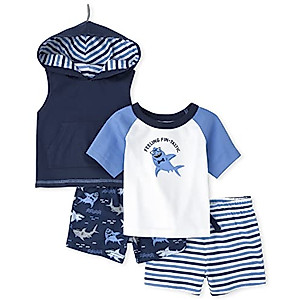 The Children's Place Baby Boys Sleeve Shirt and Shorts, 4-Piece Playwear Set 4-Pack, Shark Blue, 9-12 Months