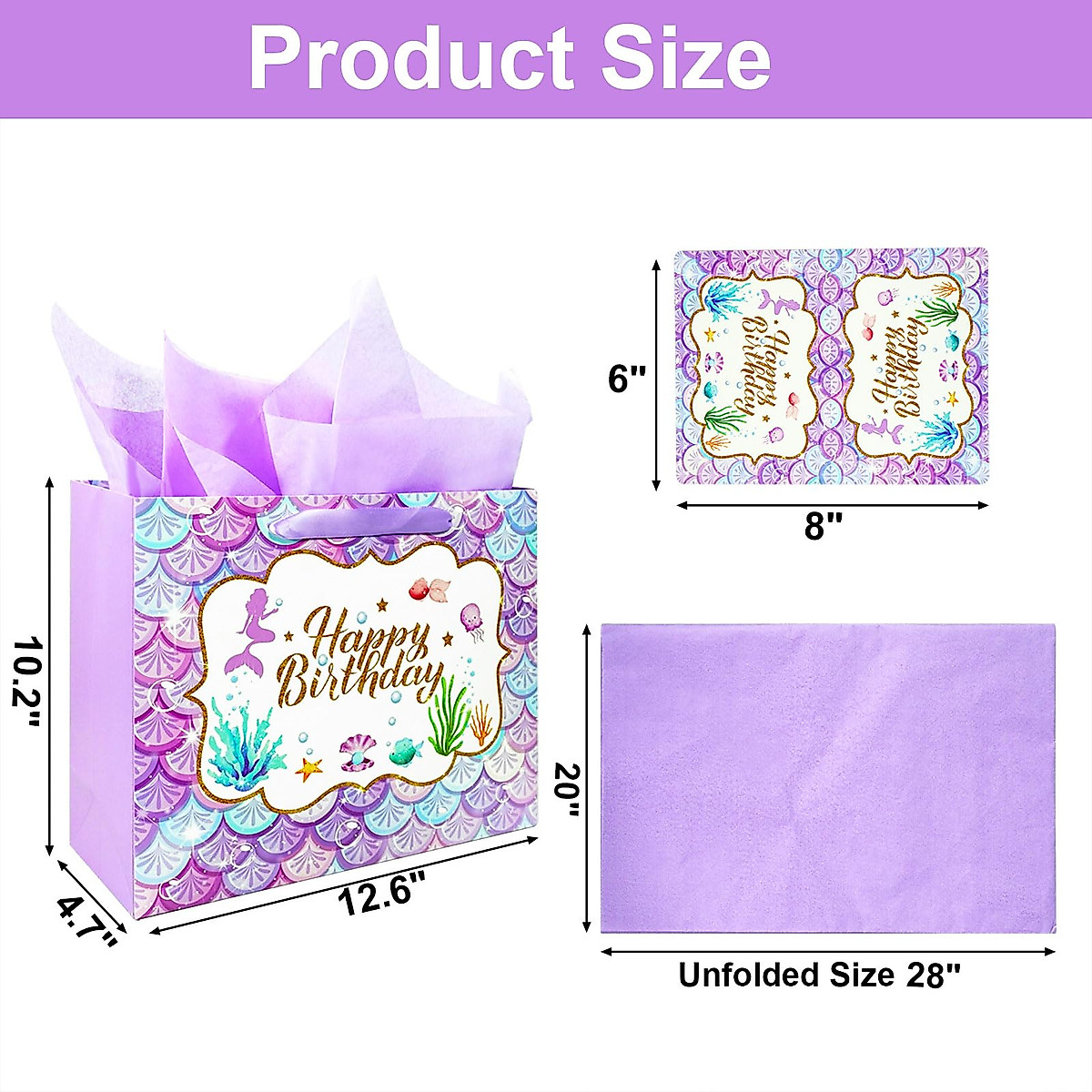 12.6" Mermaid Happy Birthday Gift Bag Set with Greeting Card and Tissue Papers for Girls, Women