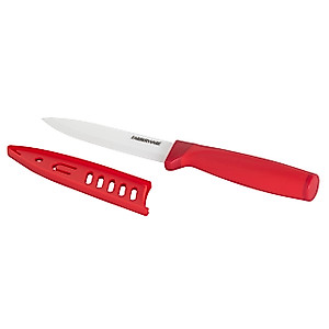 Farberware Ceramic 5-inch Utility Knife with Custom-Fit Blade Cover, Razor-Sharp Kitchen Knife with Ergonomic, Soft-Grip Handle, Dishwasher-Safe, 5-inch, Red