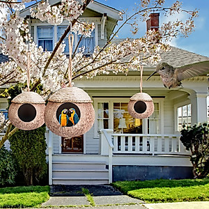 Suzile 3 Pcs Natural Coconut Bird Hide Nest Hut for Cage with Woven Straw Bird Parakeet Coconut Fiber Hanging Birdhouse Cage Habitats Decor for Parrot Cockatiel Lovebird Finch Squirrel Hamster