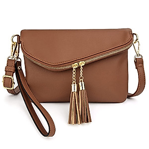 UTO Envelope Wristlet Clutch Crossbody Bag for Women Double Tassel Cellphone Trendy Purse with Strap and Zip Pocket Light Pink