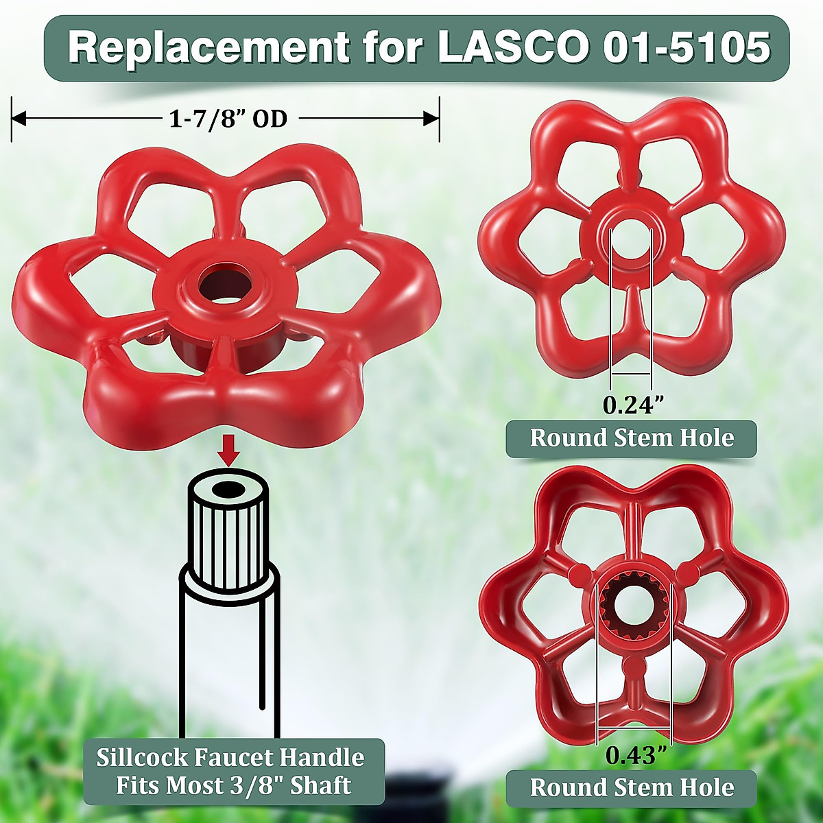 Dreyoo 2 Pack Outdoor Faucet Handles, 0.43 Round Stem Hole Faucet Handle Compatible with LASCO 01-5105, Round Wheel Handle Fits Most 3/8 Shaft Sillcock Valve Stems (16 Point Broach, Red)
