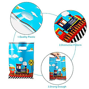 3sscha 50Pcs Train Party Favor Bag Transportation Themed Waterproof Goodie Bag with Die Cut Handles Railway Traffic Glossy Plastic Candy Gift Bags for Kids Birthday Baby Shower Decoration Supplies